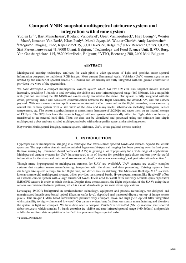 (PDF) Compact VNIR snapshot multispectral airborne system and integration with drone system