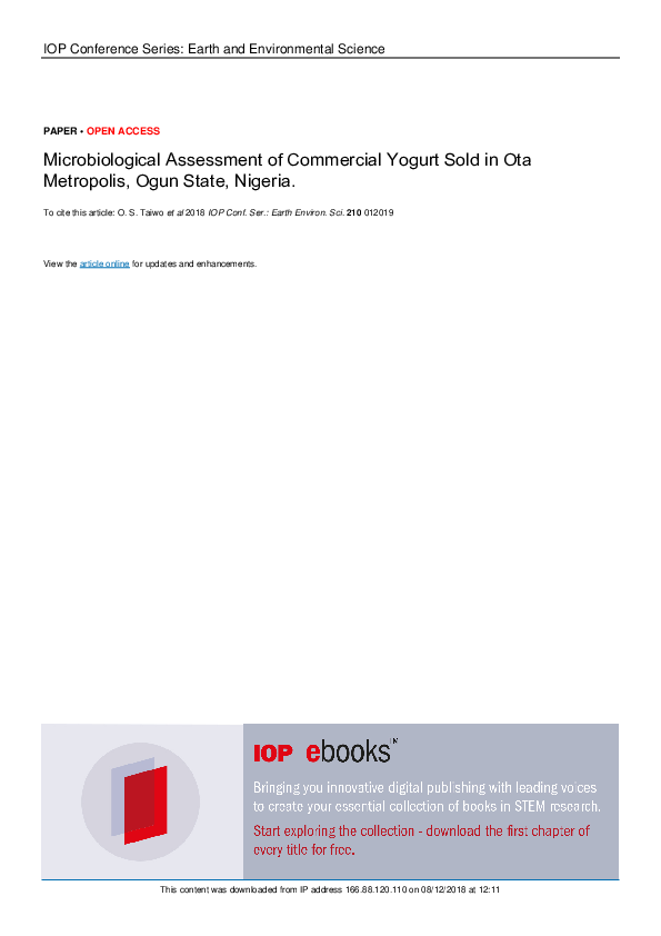 (PDF) Microbiological Assessment of Commercial Yogurt Sold in Ota Metropolis, Ogun State ...