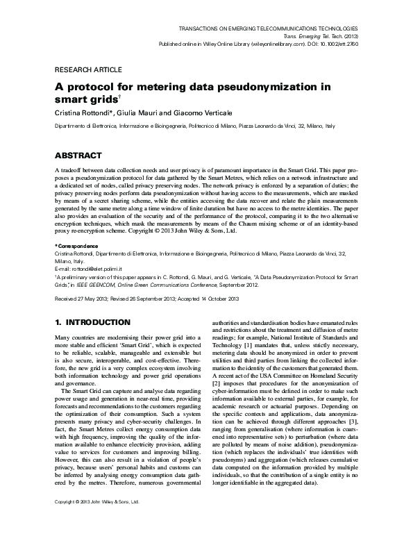 Pdf A Protocol For Metering Data Pseudonymization In Smart Grids