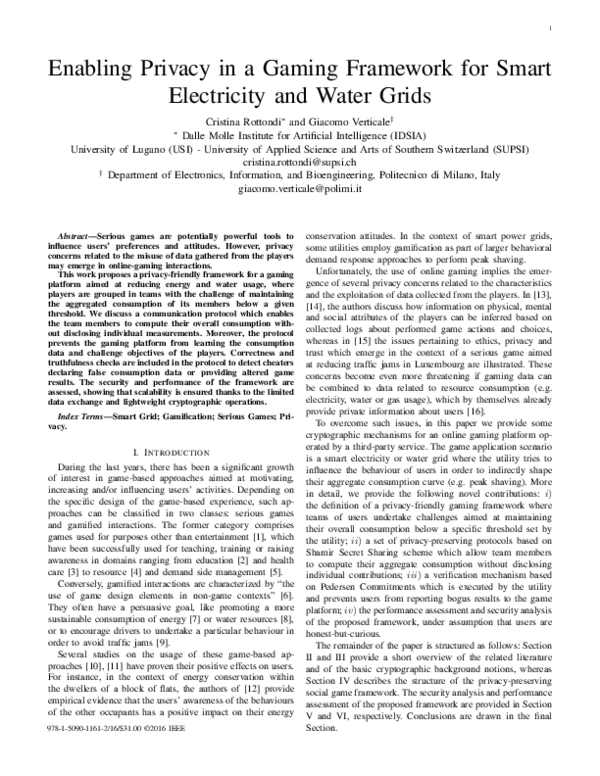 (PDF) Enabling privacy in a gaming framework for smart electricity and water grids