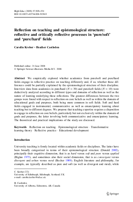 (PDF) Reflection on teaching and epistemological structure: reflective and critically reflective ...