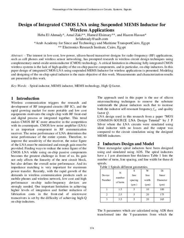 (PDF) Design of Integrated CMOS LNA using Suspended MEMS Inductor for ...
