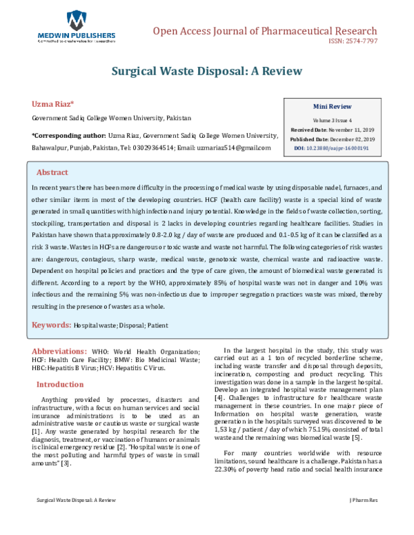 (PDF) Surgical Waste Disposal: A Review