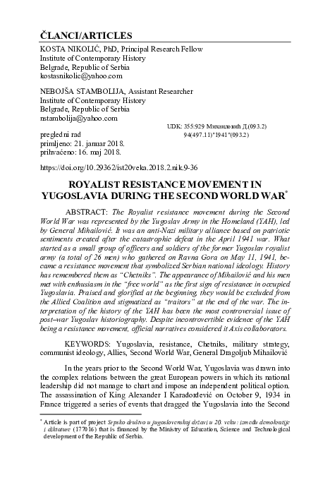 (PDF) Royalist resistance movement in Yugoslavia during the Second ...