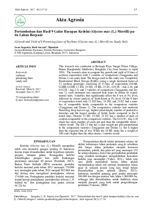 (PDF) Pertumbuhan dan Hasil 9 Galur Harapan Kedelai (Glycine max (L.) Merrill) pada Lahan Berpasir