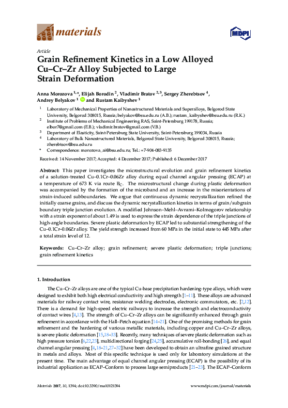 (PDF) Grain Refinement Kinetics in a Low Alloyed Cu-Cr-Zr Alloy ...
