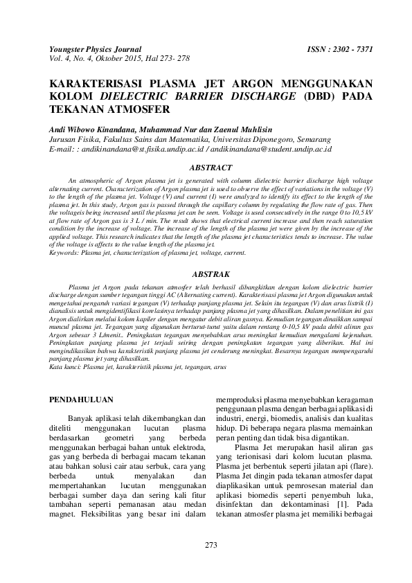 (PDF) Karakterisasi Plasma Jet Argon Menggunakan Kolom Dielectric ...