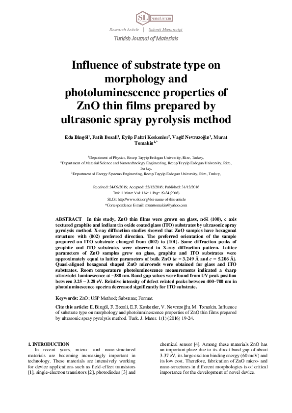 (PDF) Influence of Substrate Type on Morphology and Photoluminescence Properties of ZnO Thin ...