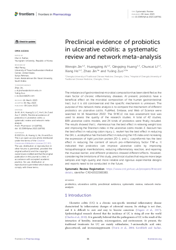 (PDF) Preclinical evidence of probiotics in ulcerative colitis: a systematic review and network ...