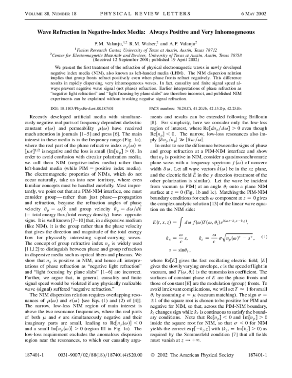 (PDF) Wave Refraction in Negative-Index Media: Always Positive and Very ...