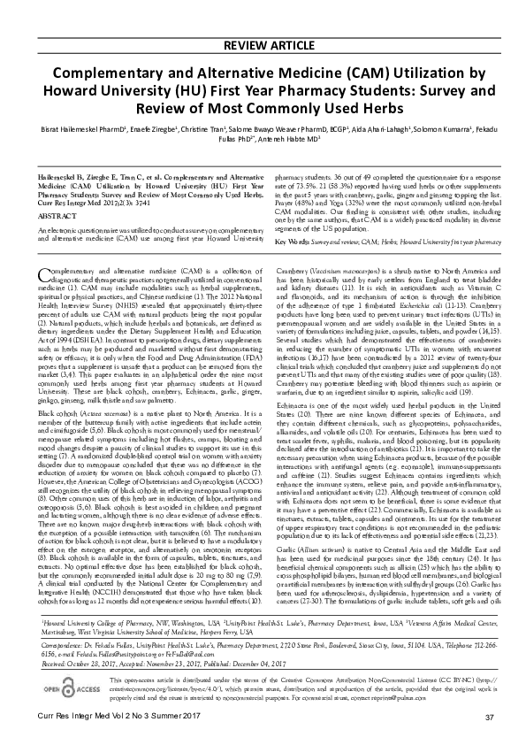 (PDF) Complementary and Alternative Medicine (CAM) Utilization by Howard University (HU) First ...