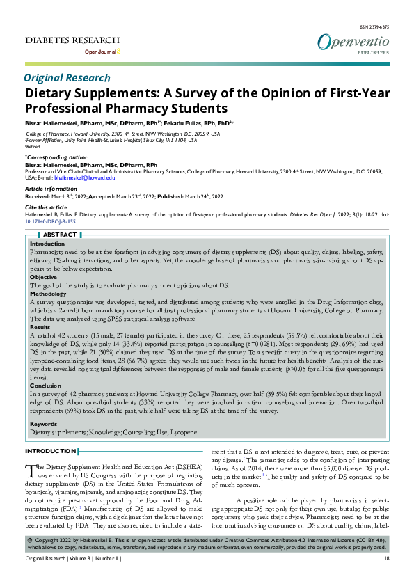 (PDF) Dietary Supplements: A Survey of the Opinion of First-Year ...