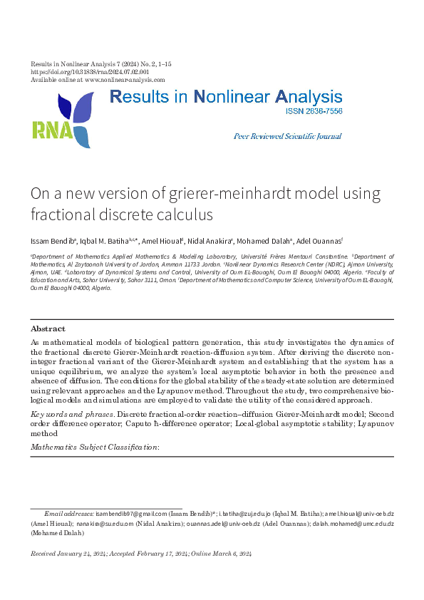 (PDF) On a new version of grierer-meinhardt model using fractional discrete calculus