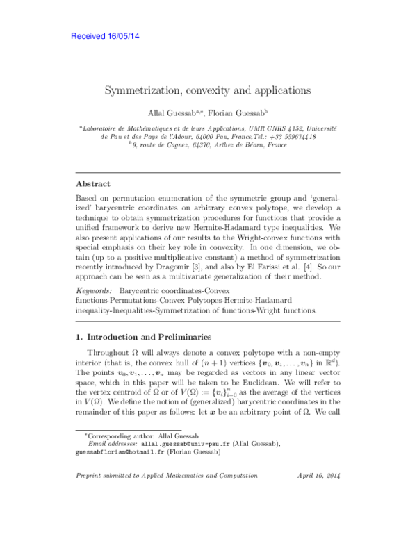 (PDF) Symmetrization, convexity and applications