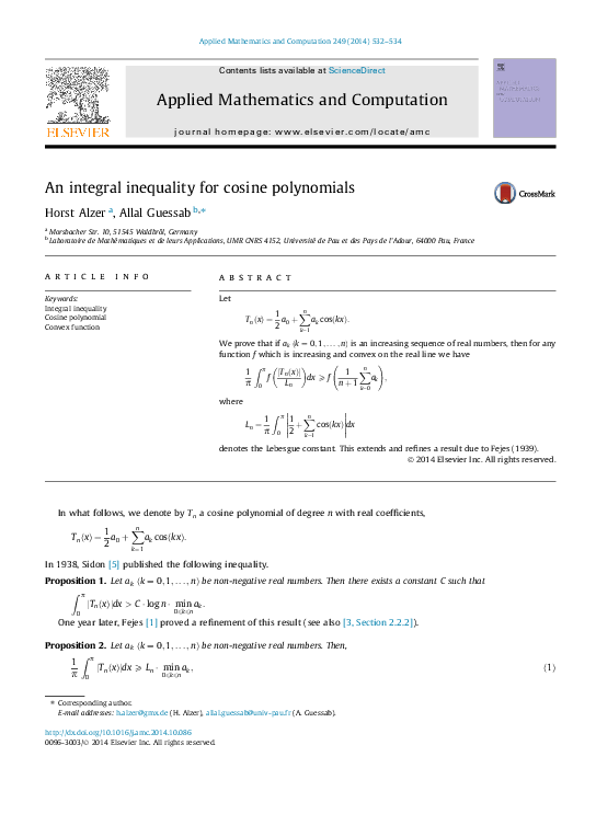 (PDF) An integral inequality for cosine polynomials