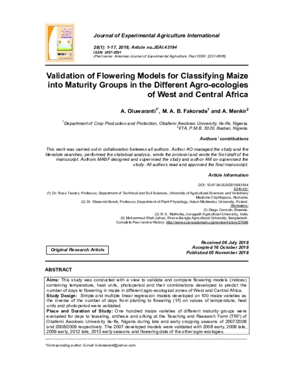 (PDF) Validation of Flowering Models for Classifying Maize into Maturity Groups in the Different ...