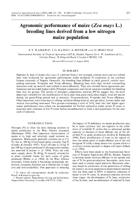 (PDF) Agronomic performance of maize (Zea mays L.) breeding lines derived from a low nitrogen ...
