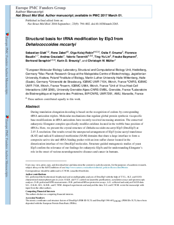 (PDF) Structural basis for tRNA modification by Elp3 from ...