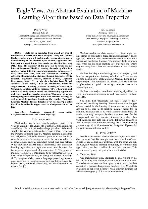 (PDF) Eagle View: An Abstract Evaluation of Machine Learning Algorithms based on Data Properties