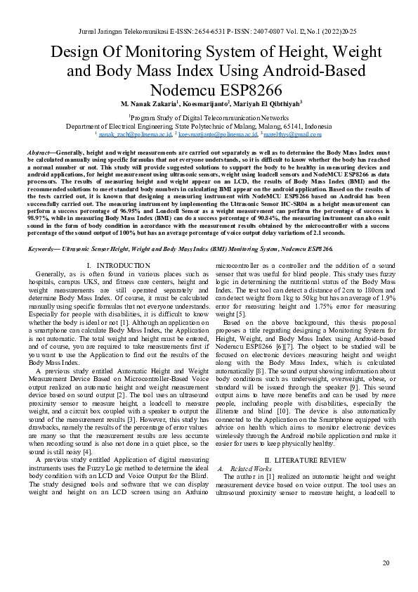 (PDF) Design Of Monitoring System of Height, Weight and Body Mass Index ...