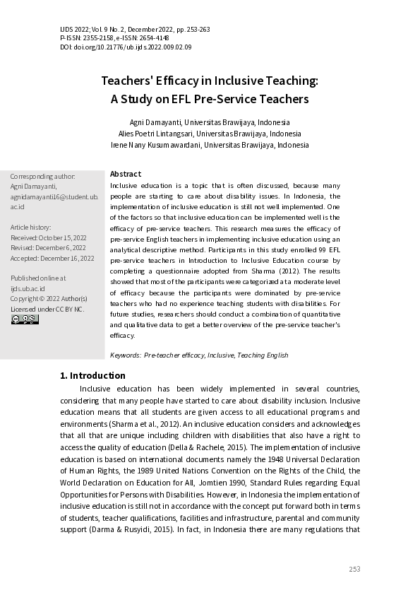 (PDF) Teachers' Efficacy in Inclusive Teaching