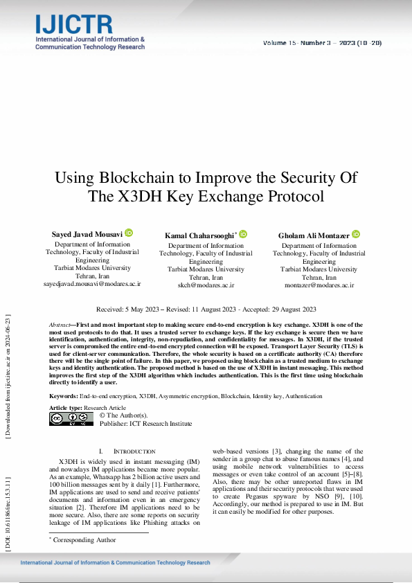 (PDF) Using Blockchain to Improve the Security Of The X3DH Key Exchange Protocol | IJICTR ...