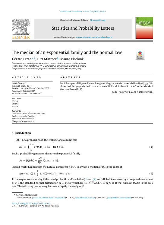 (PDF) The median of an exponential family and the normal law