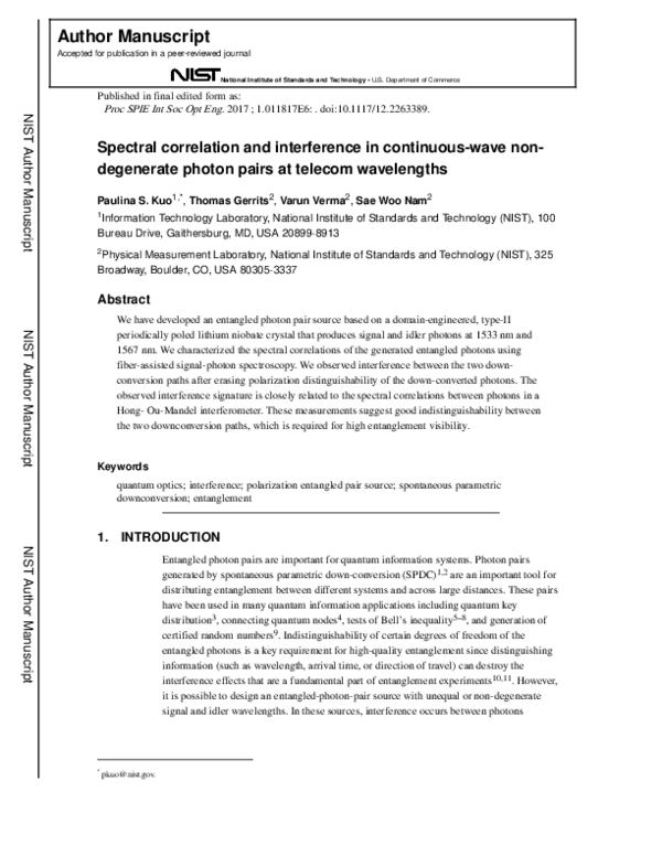 (PDF) Spectral correlation and interference in continuous-wave non-degenerate photon pairs at ...