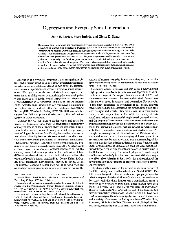 (PDF) Depression and everyday social interaction