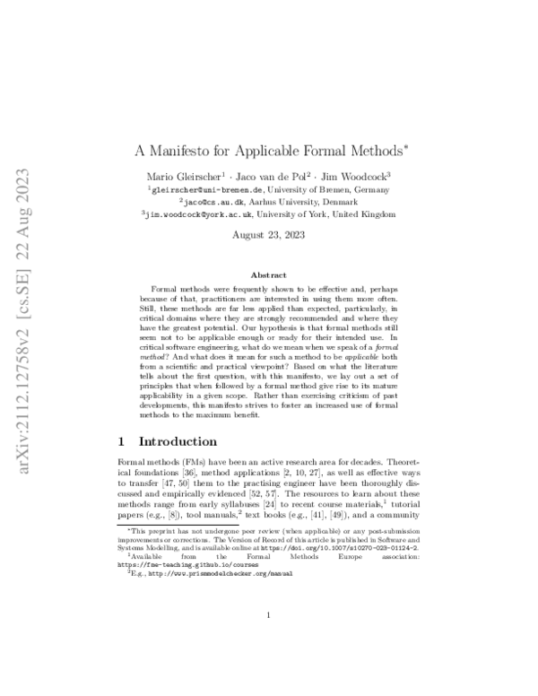(PDF) A Manifesto for Applicable Formal Methods