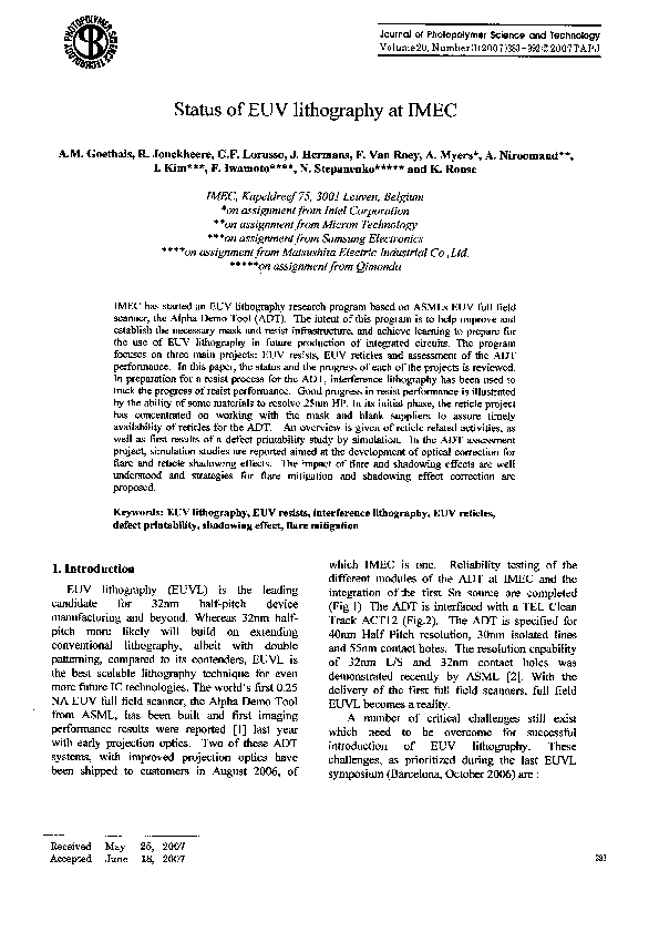 (PDF) Status of EUV lithography at IMEC