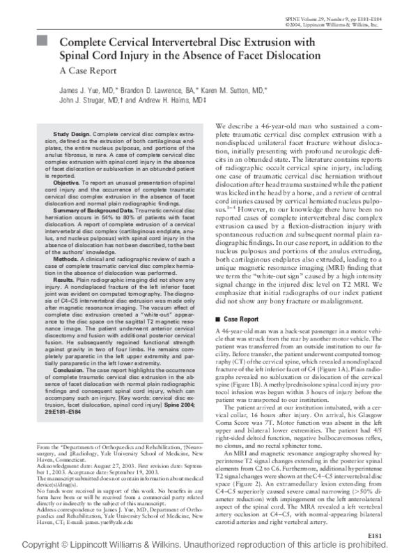 (PDF) Complete Cervical Intervertebral Disc Extrusion with Spinal Cord ...