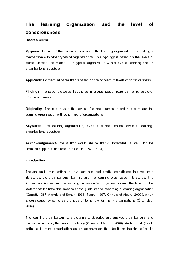 (PDF) The learning organization and the level of consciousness