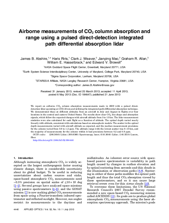 (PDF) Airborne measurements of CO 2 column absorption and range using a pulsed direct-detection ...