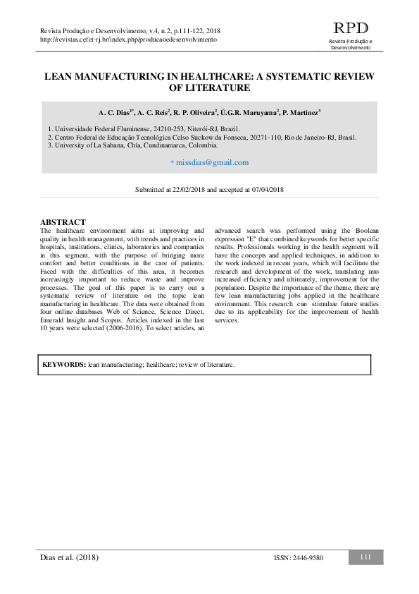 (PDF) Lean Manufacturing in Healthcare: A Systematic Review of Literature