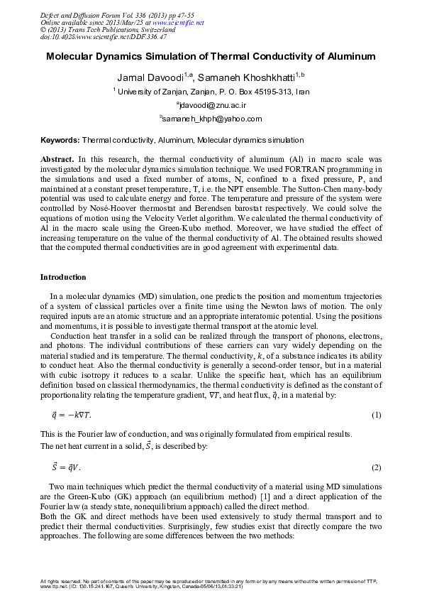 Pdf Molecular Dynamics Simulation Of Thermal Conductivity Of Aluminum