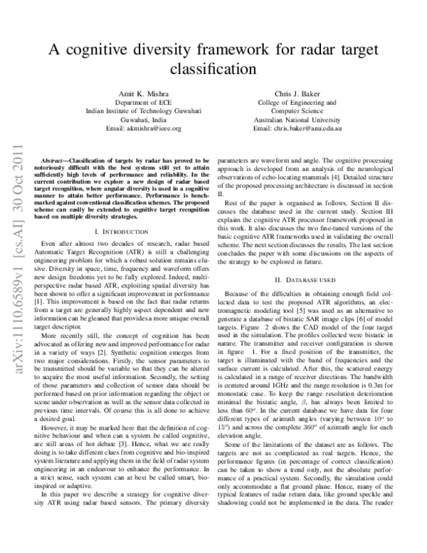 Pdf A Cognitive Diversity Framework For Radar Target Classification