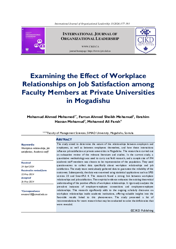 (PDF) Examining the Effect of Workplace Relationships on Job Satisfaction among Faculty Members ...