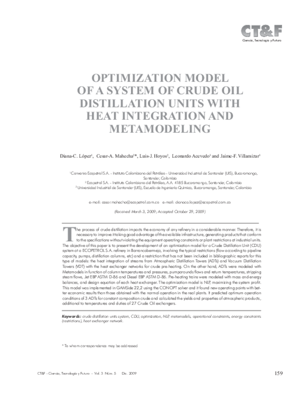 (PDF) Optimization Model of a System of Crude Oil Distillation Units with Heat Integration and ...
