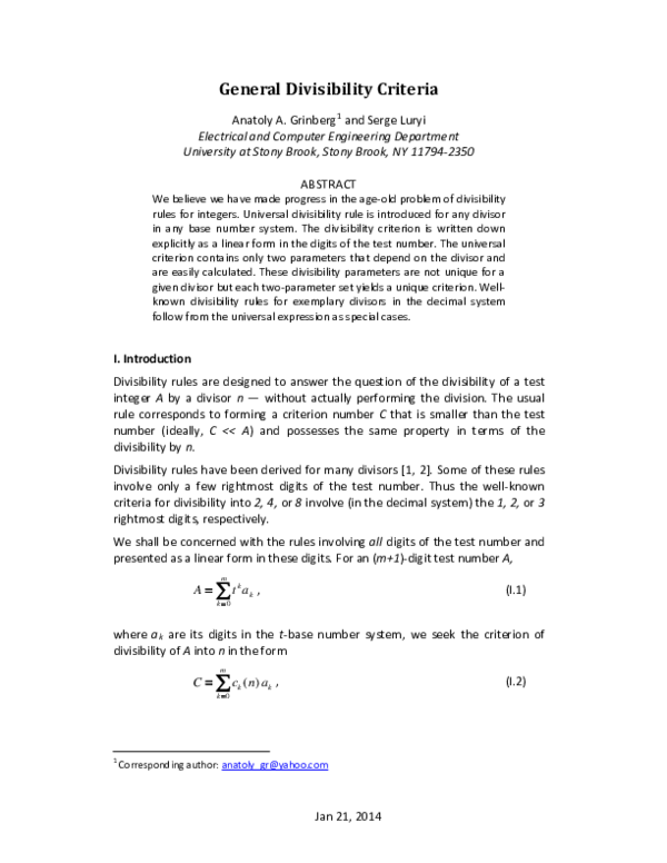 (PDF) General Divisibility Criteria
