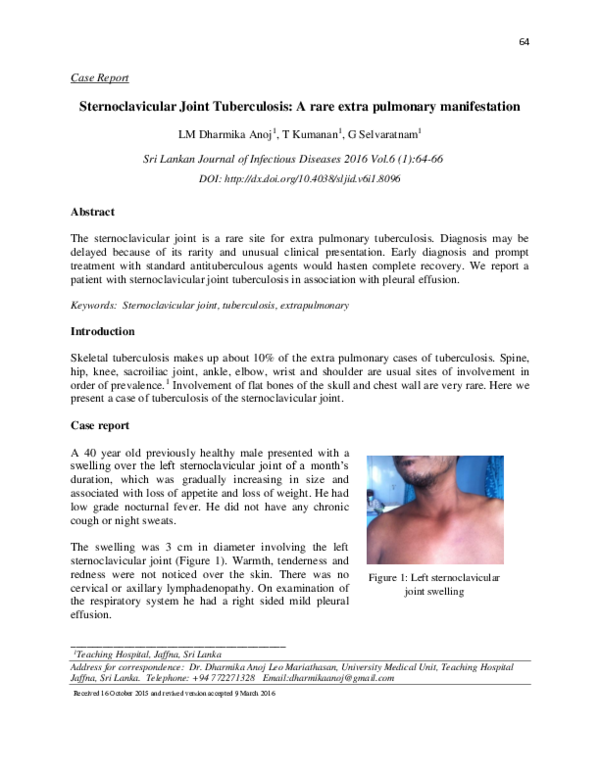 (PDF) Sternoclavicular Joint Tuberculosis: A rare extra pulmonary manifestation