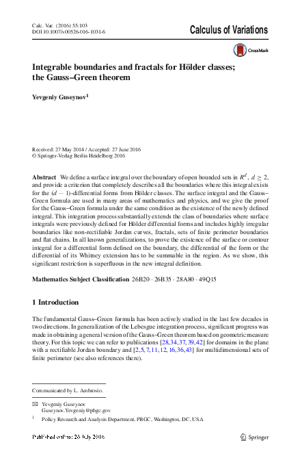 (PDF) Integrable boundaries and fractals for Hölder classes; the Gauss ...