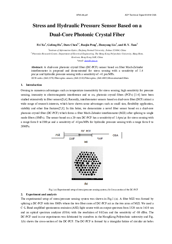 Pdf Stress And Hydraulic Pressure Sensor Based On A Dual Core Photonic Crystal Fiber Hwayaw