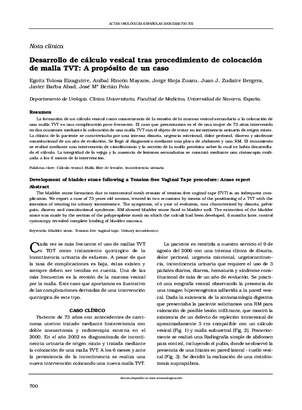 (PDF) Desarrollo de cálculo vesical tras procedimiento de colocación de ...