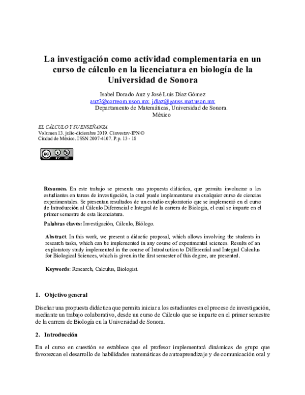 (PDF) La investigación como actividad complementaria en un curso de cálculo en la licenciatura ...