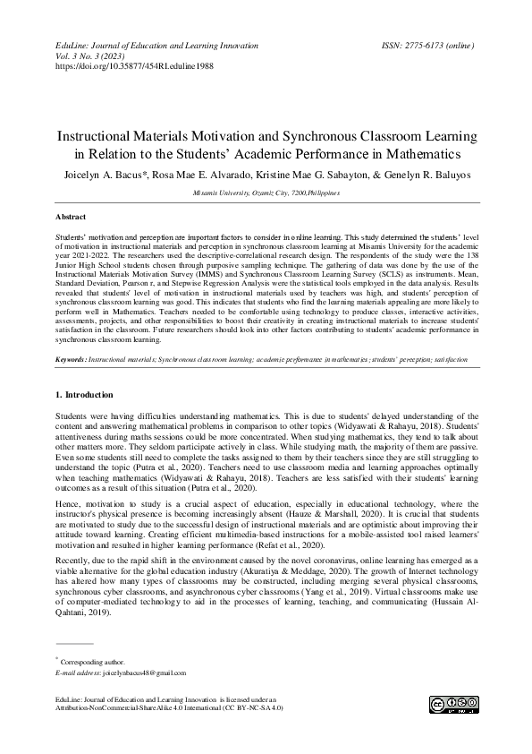 (PDF) Instructional Materials Motivation and Synchronous Classroom Learning in Relation to the ...