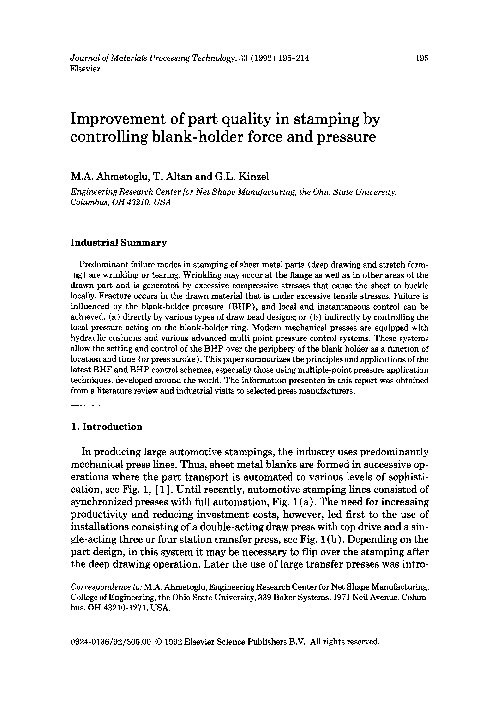 (PDF) Improvement of part quality in stamping by controlling blank ...