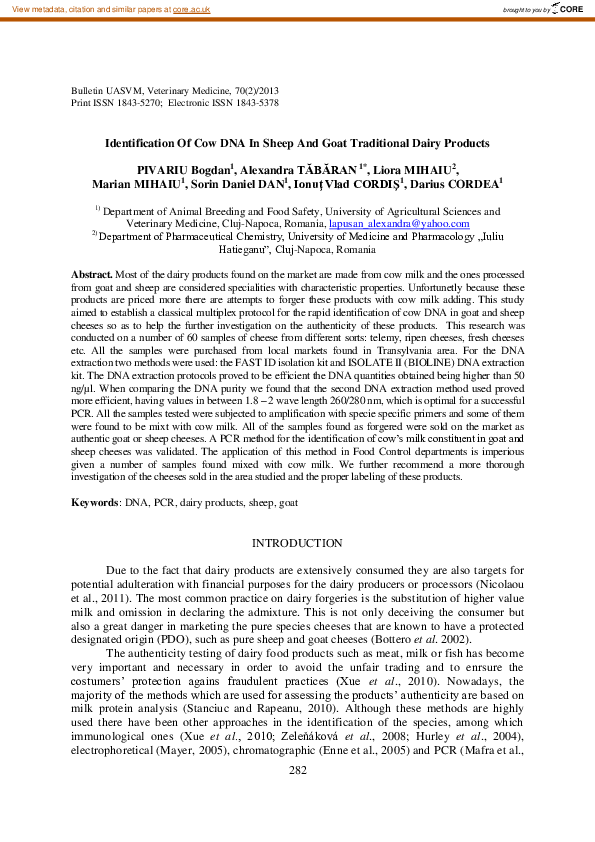 (PDF) Identification of cow DNA in sheep and goat traditional dairy ...