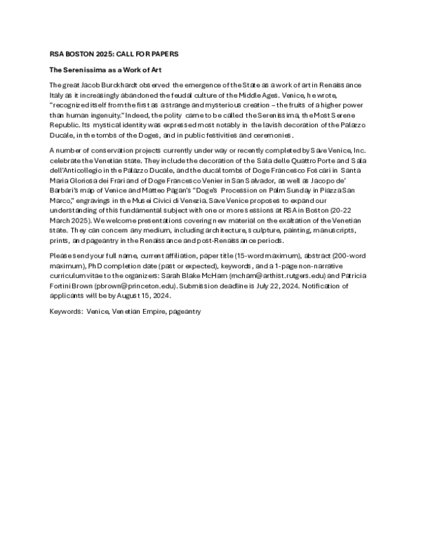 (PDF) RSA BOSTON 2025: CALL FOR PAPERS The Serenissima as a Work of Art