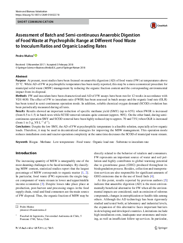 (PDF) Assessment of Batch and Semi-continuous Anaerobic Digestion of Food Waste at Psychrophilic ...